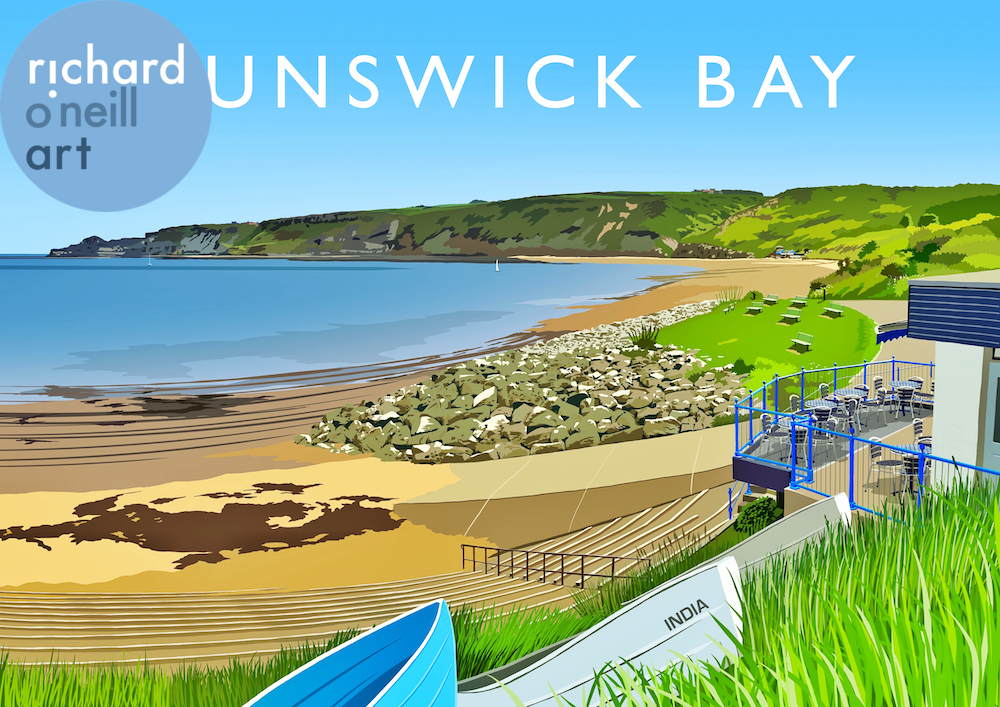 Runswick Bay (from Sandside Cafe) Art Print – Richard O'Neill Art Shop